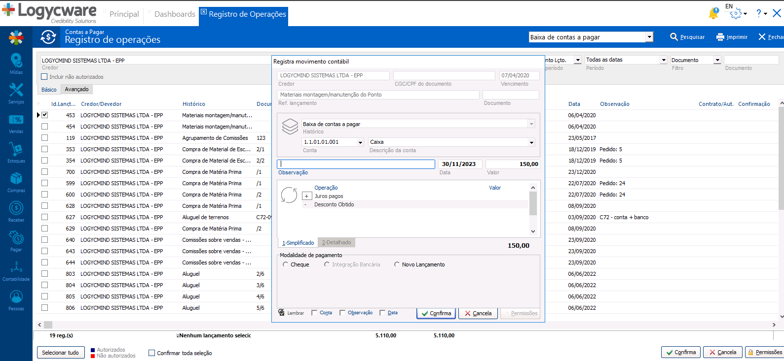 Registro de Operações (Pagar) | LogycDocs